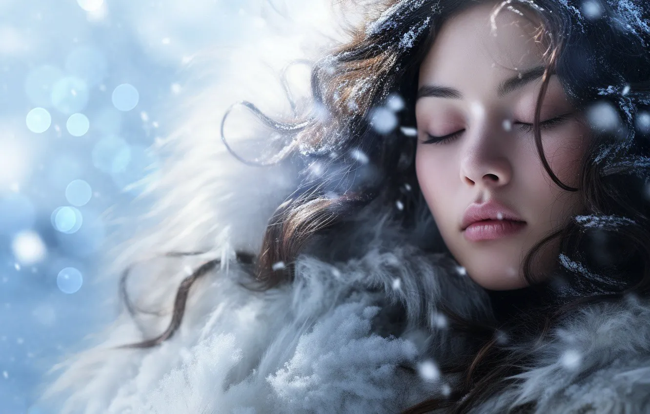 Wallpaper winter, girl, light, snow, face, portrait, brunette, coat for ...