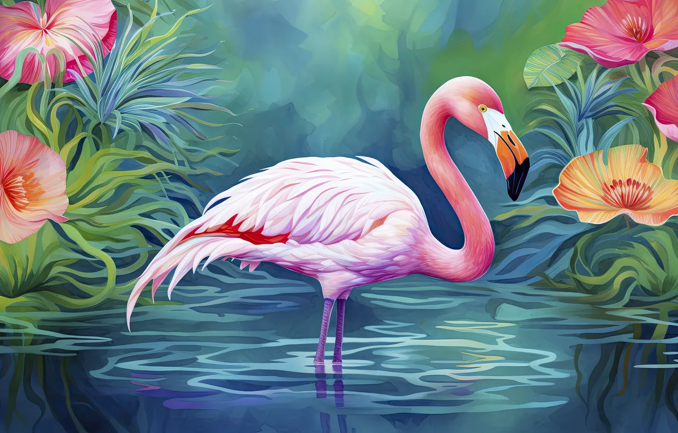 Wallpaper water, flowers, pose, lake, bird, shore, watercolor, painting ...
