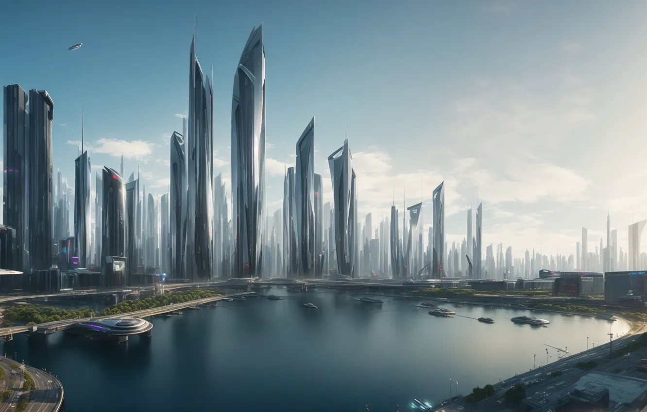 Wallpaper city, landscape, art, fantastic, Future, digital art, harbor ...