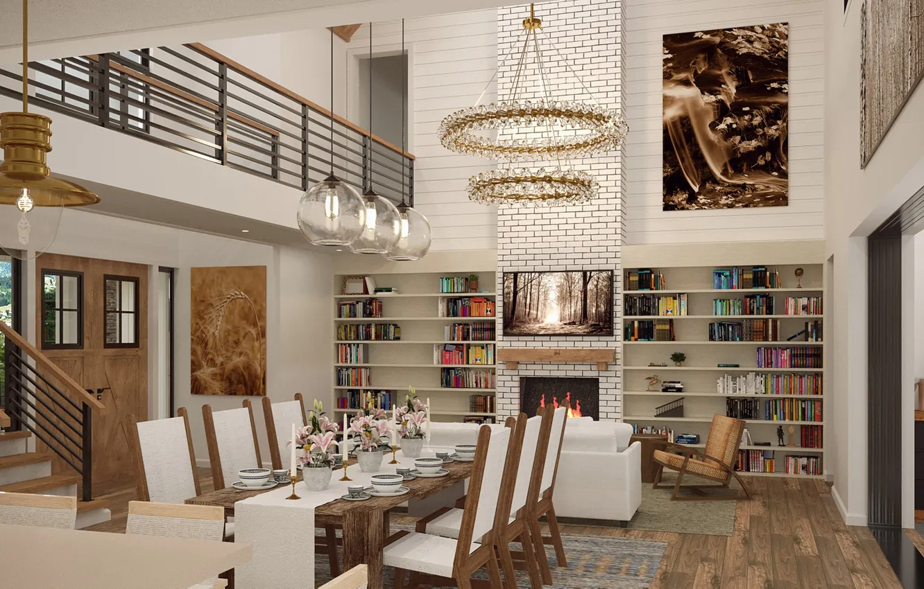 Wallpaper design, style, interior, fireplace, library, living room ...