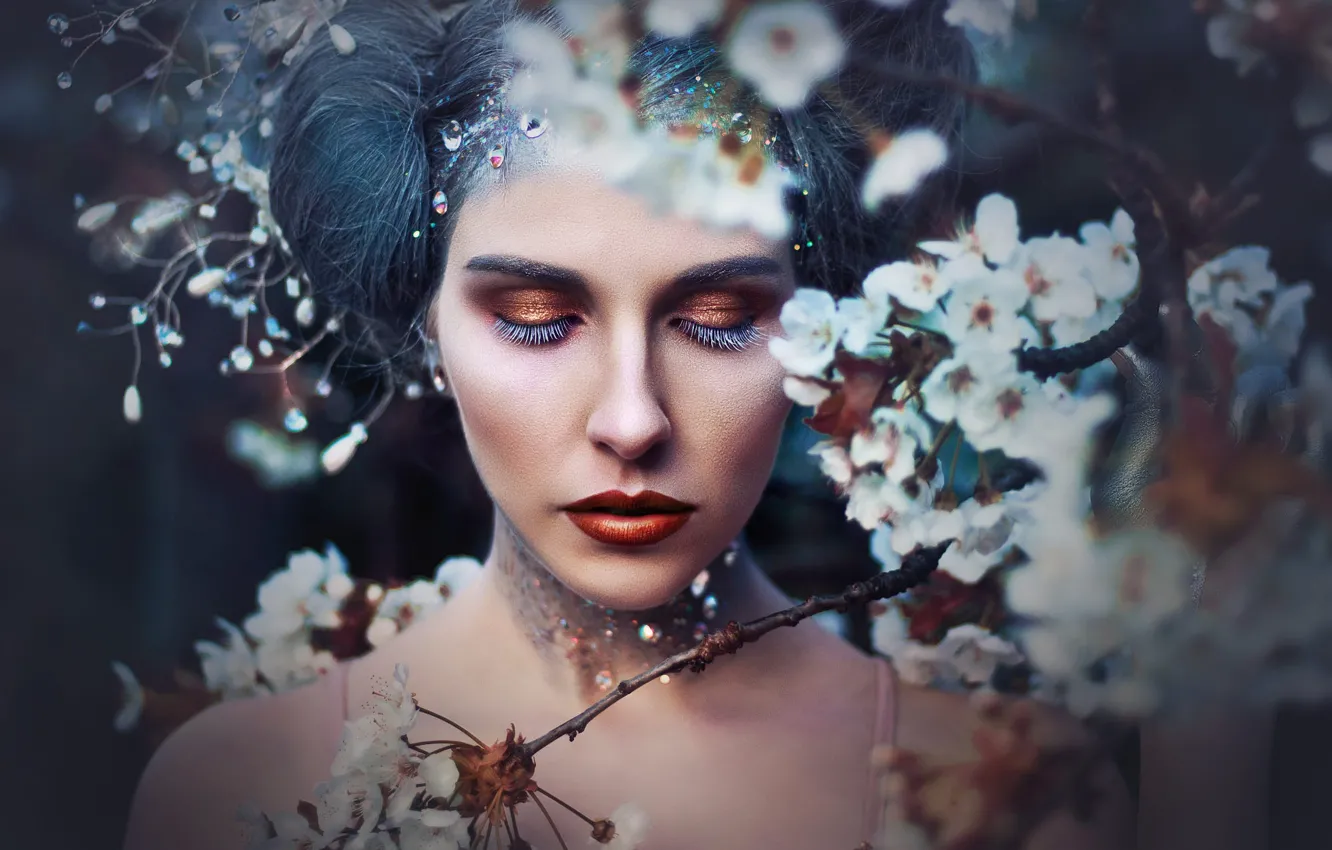 Wallpaper Frost Girl Flowers Branches Nature Face Pose Eyelashes