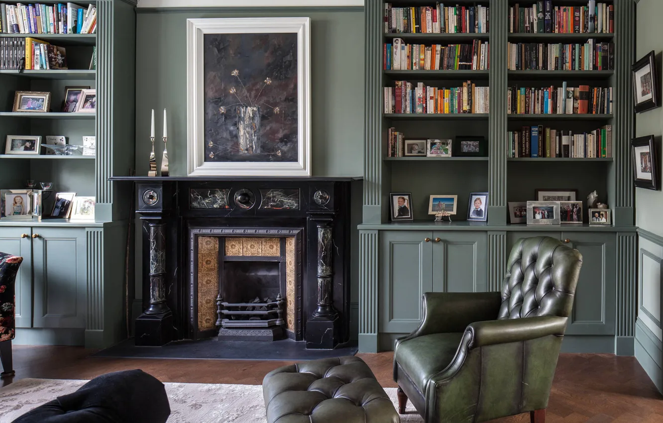 Wallpaper design, interior, fireplace, library, living room, English ...