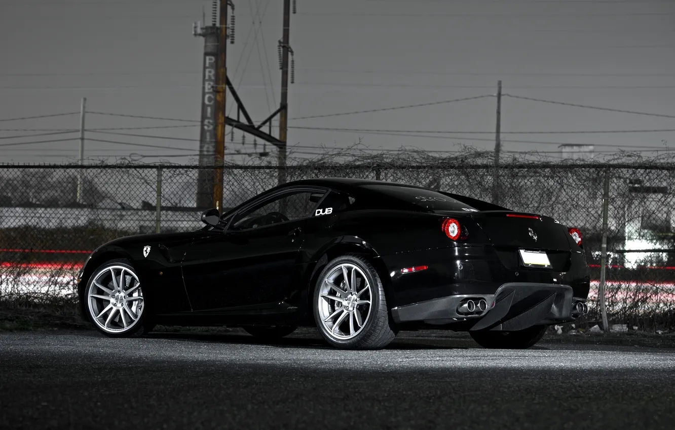 Wallpaper the sky, black, the fence, ferrari, Ferrari, black, rear view ...