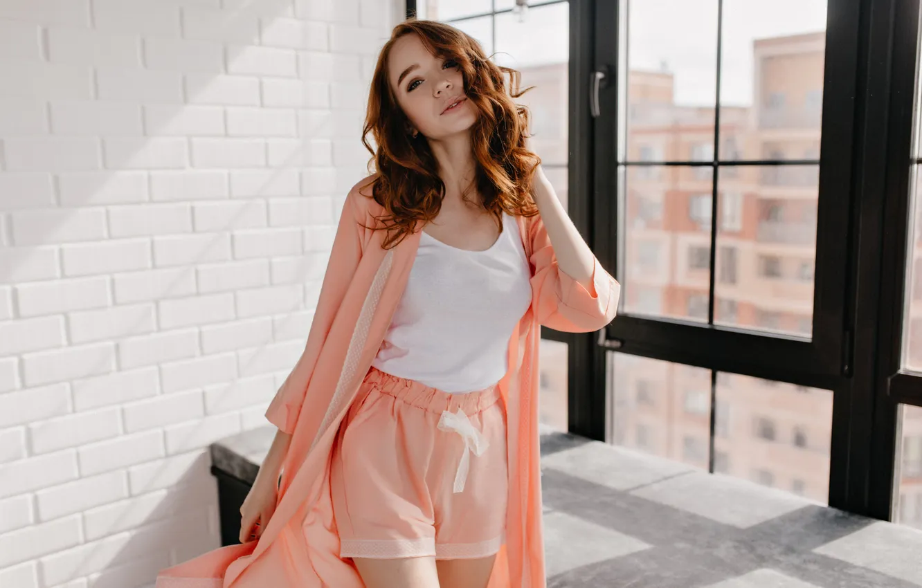 Wallpaper girl, shorts, beautiful, redhead, suit, posing, long-haired for mobile and desktop ...