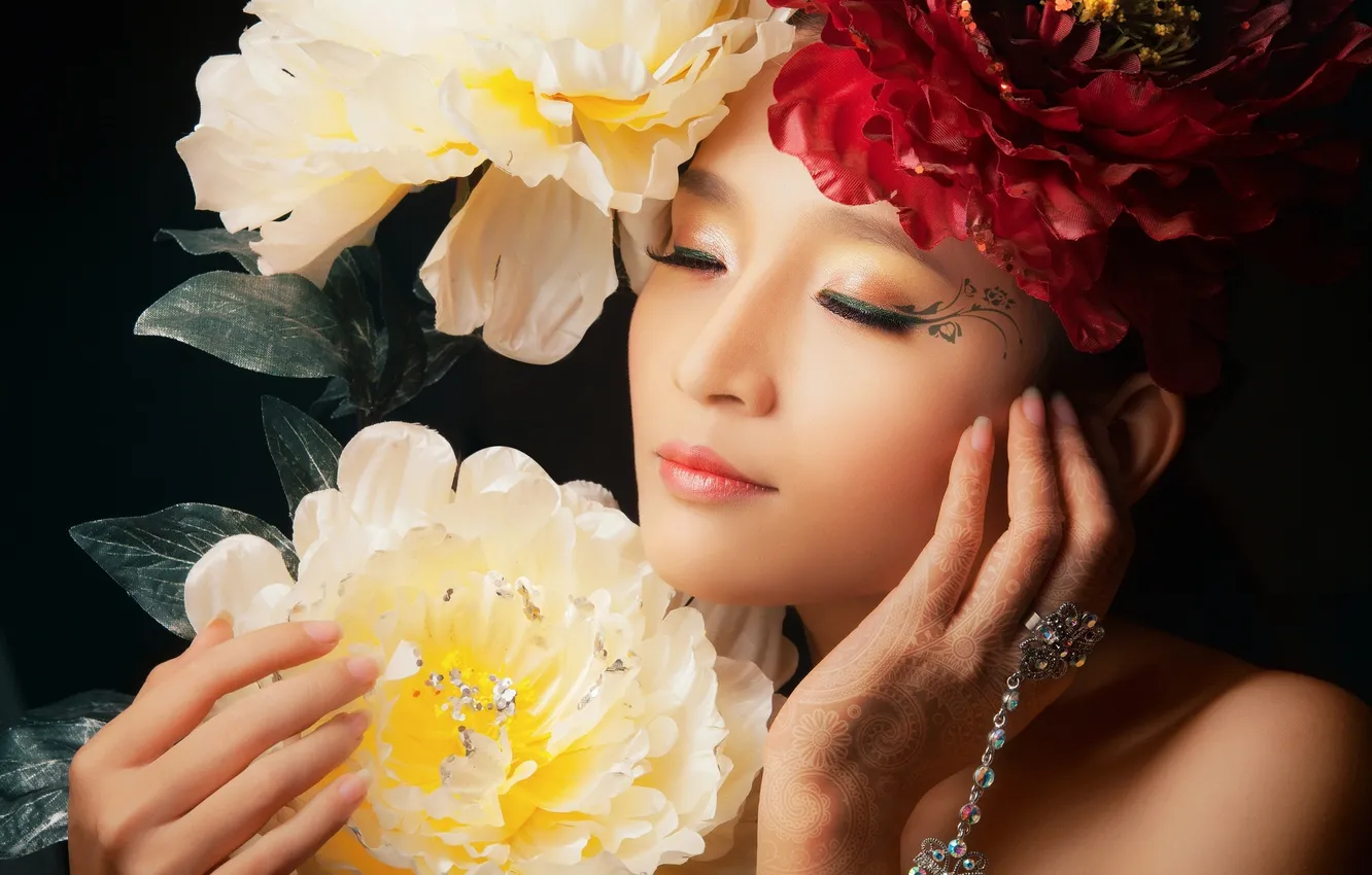 Wallpaper Flowers Face Portrait Hands Tattoo Asian For Mobile And