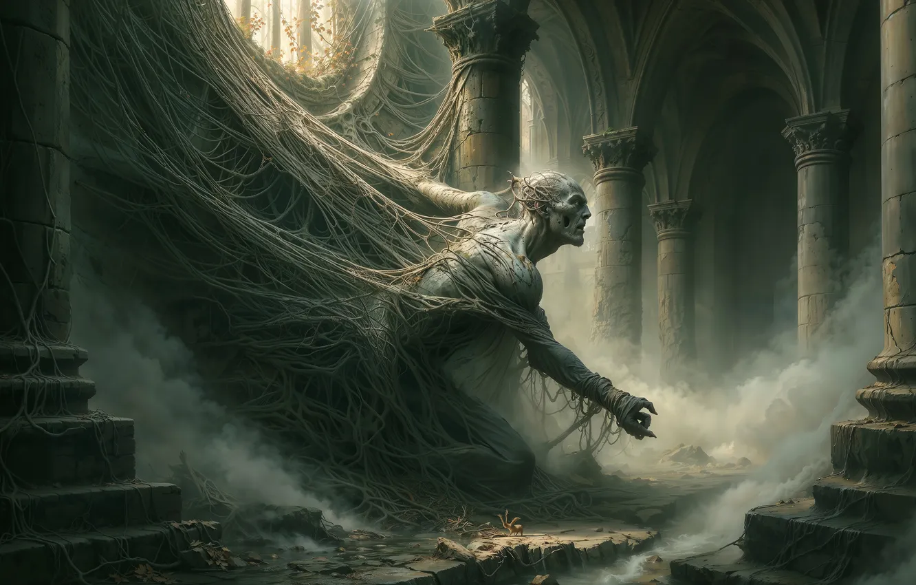 Wallpaper interior, columns, male, undead, Chained to a stone for ...