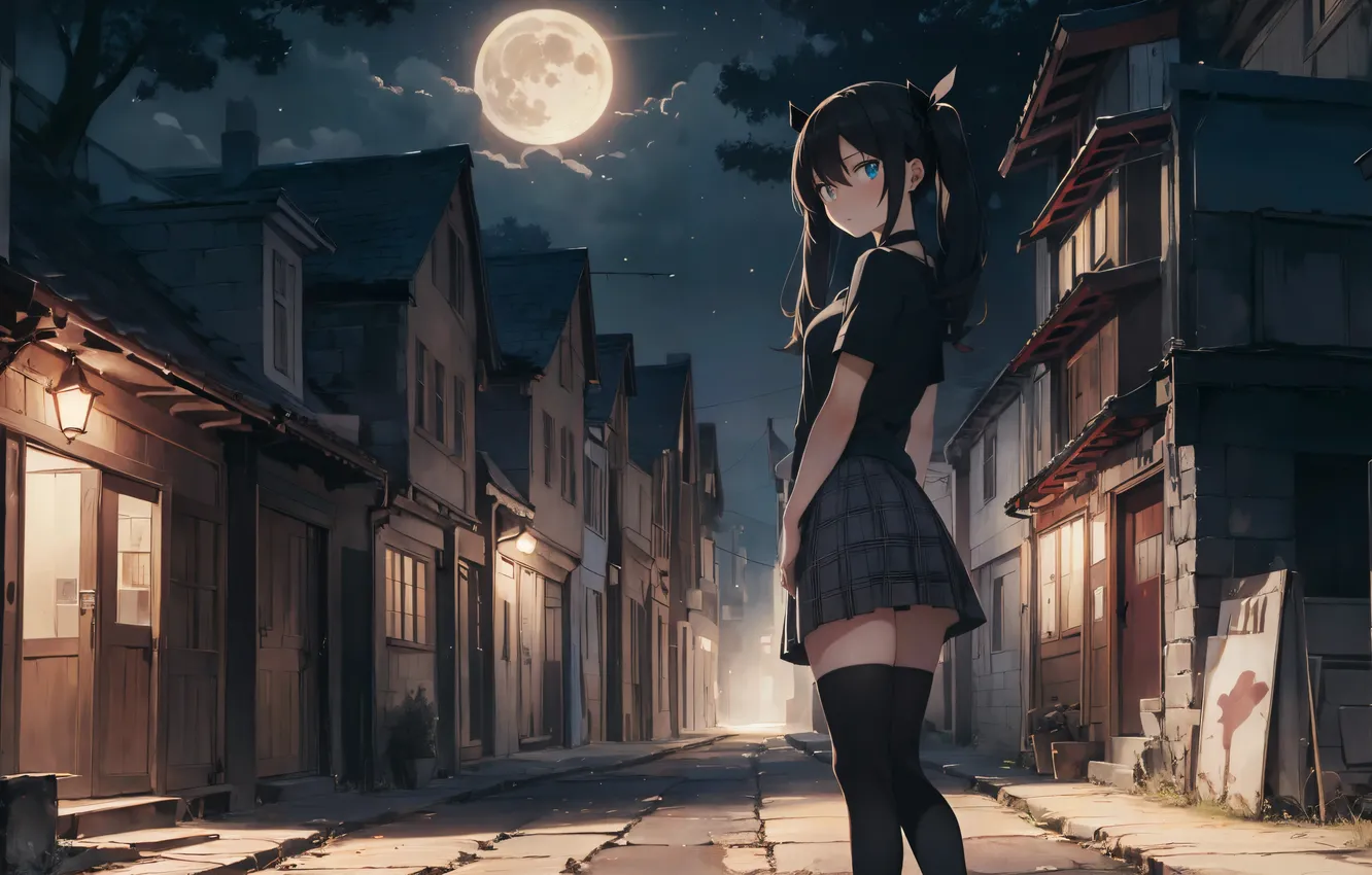 Wallpaper girl, the moon, street, home, anime for mobile and desktop ...