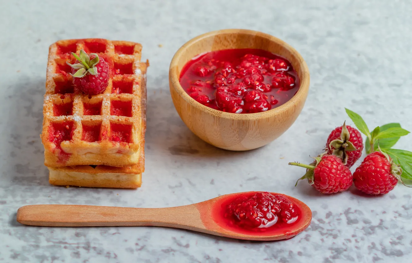 Wallpaper berries, raspberry, spoon, waffles, jam, raspberry for mobile ...