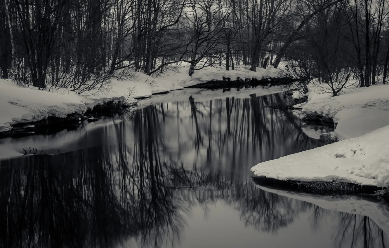 Wallpaper river, trees, winter, snow, reflection for mobile and desktop ...