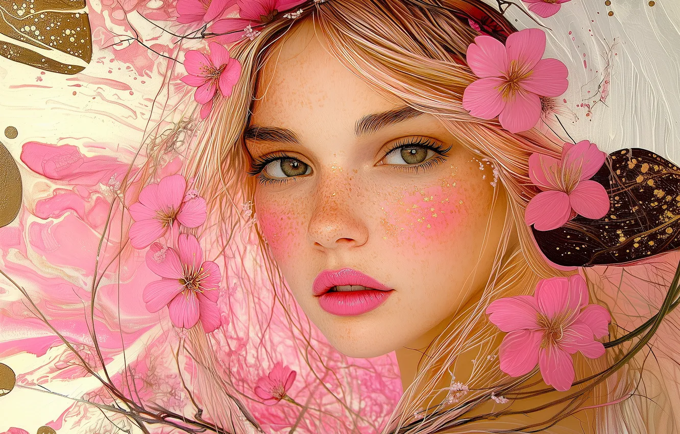 Wallpaper look, girl, flowers, pose, portrait, spring, blonde, blush ...