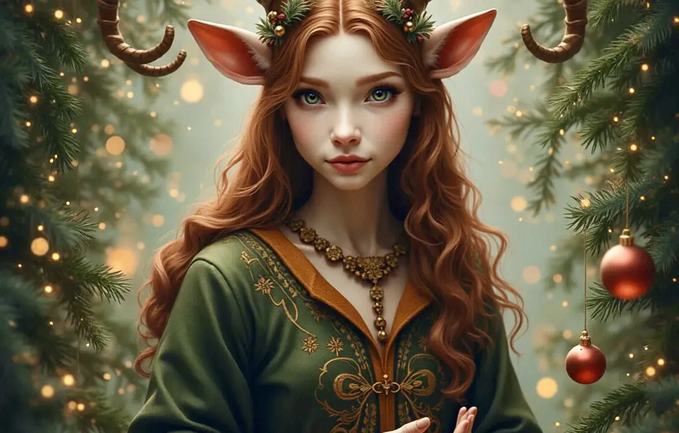 Wallpaper girl, Christmas, New year, horns, elf, redhead, Christmas ...