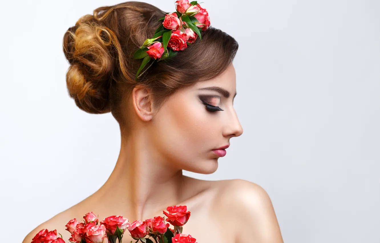Wallpaper girl, flowers, close-up, face, background, model, roses ...