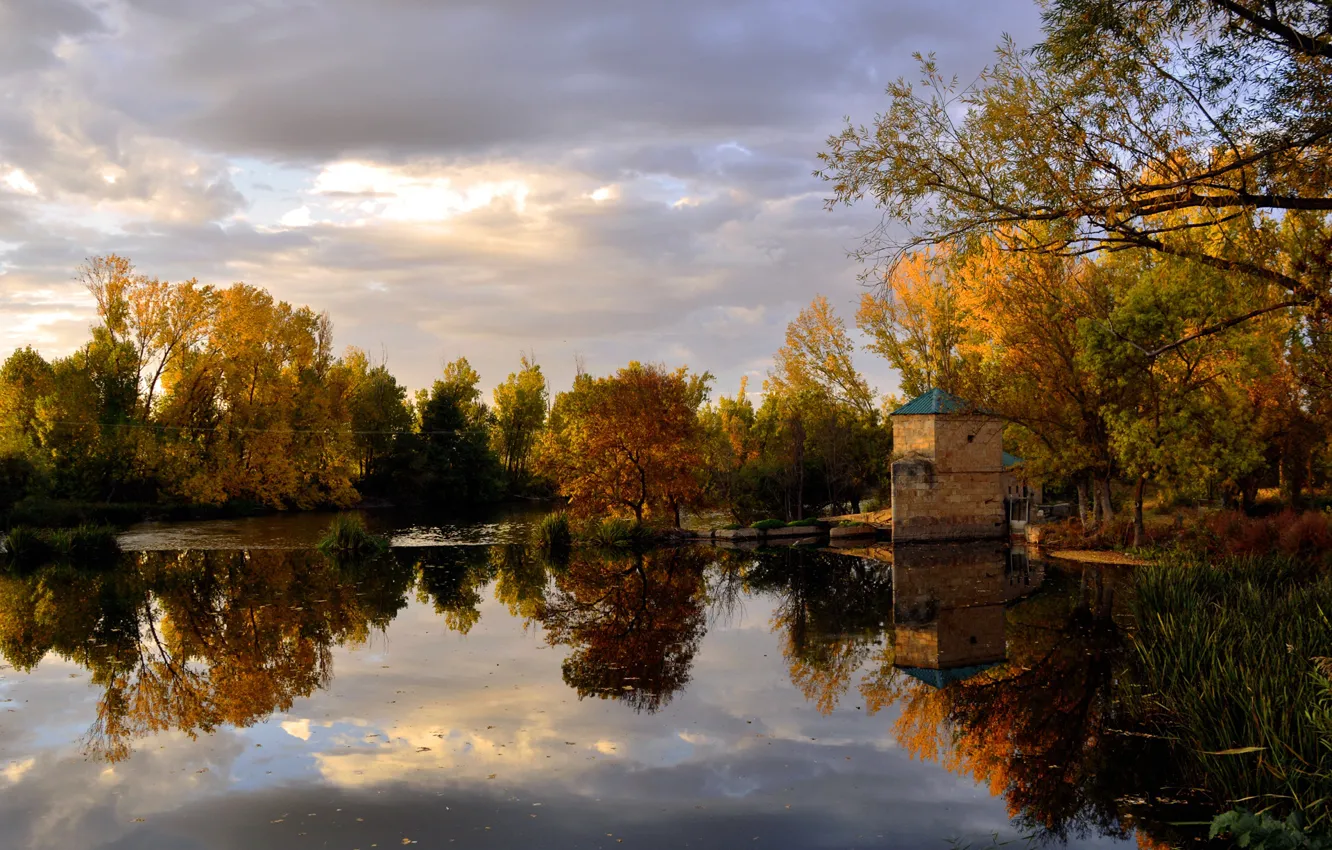 Wallpaper autumn, trees, nature, lake, house, Spain, Villamayor for ...