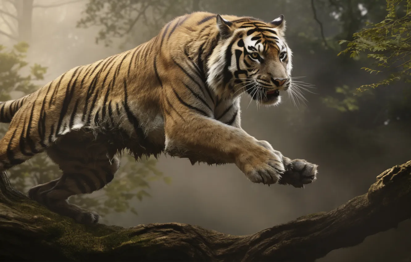 Wallpaper forest, trees, tiger, jump, predator, big cat, digital art ...