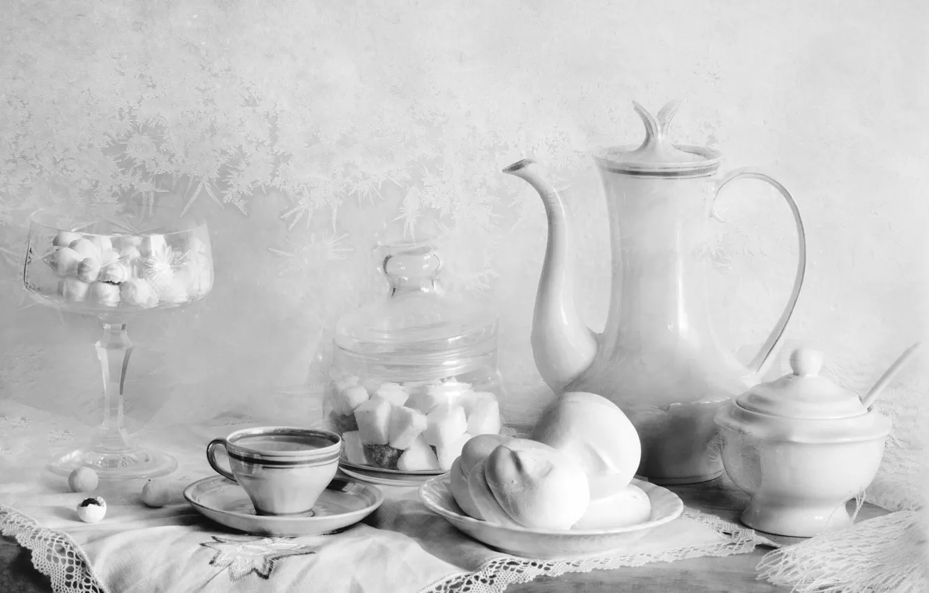 Wallpaper tea, kettle, dishes, sugar, still life, light background ...