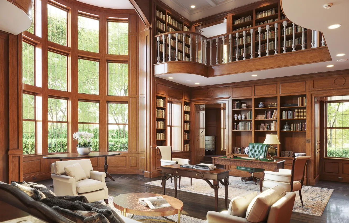 Wallpaper design, style, interior, office, library, living room, office ...