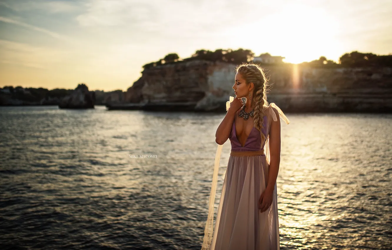 Wallpaper sea, girl, sunset, nature, rocks, dress, beautiful, Anna for ...