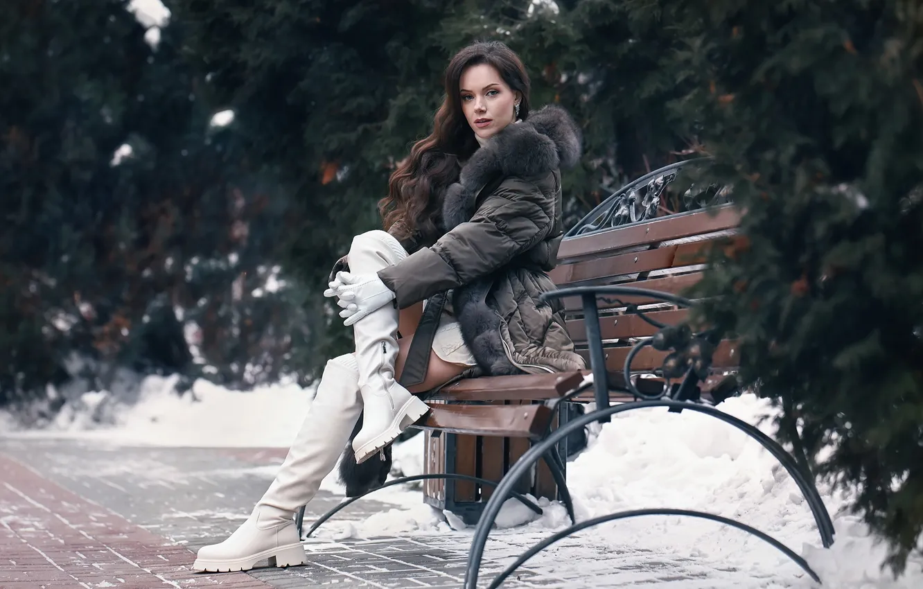 Wallpaper winter, look, girl, bench, pose, feet, boots, long hair for ...