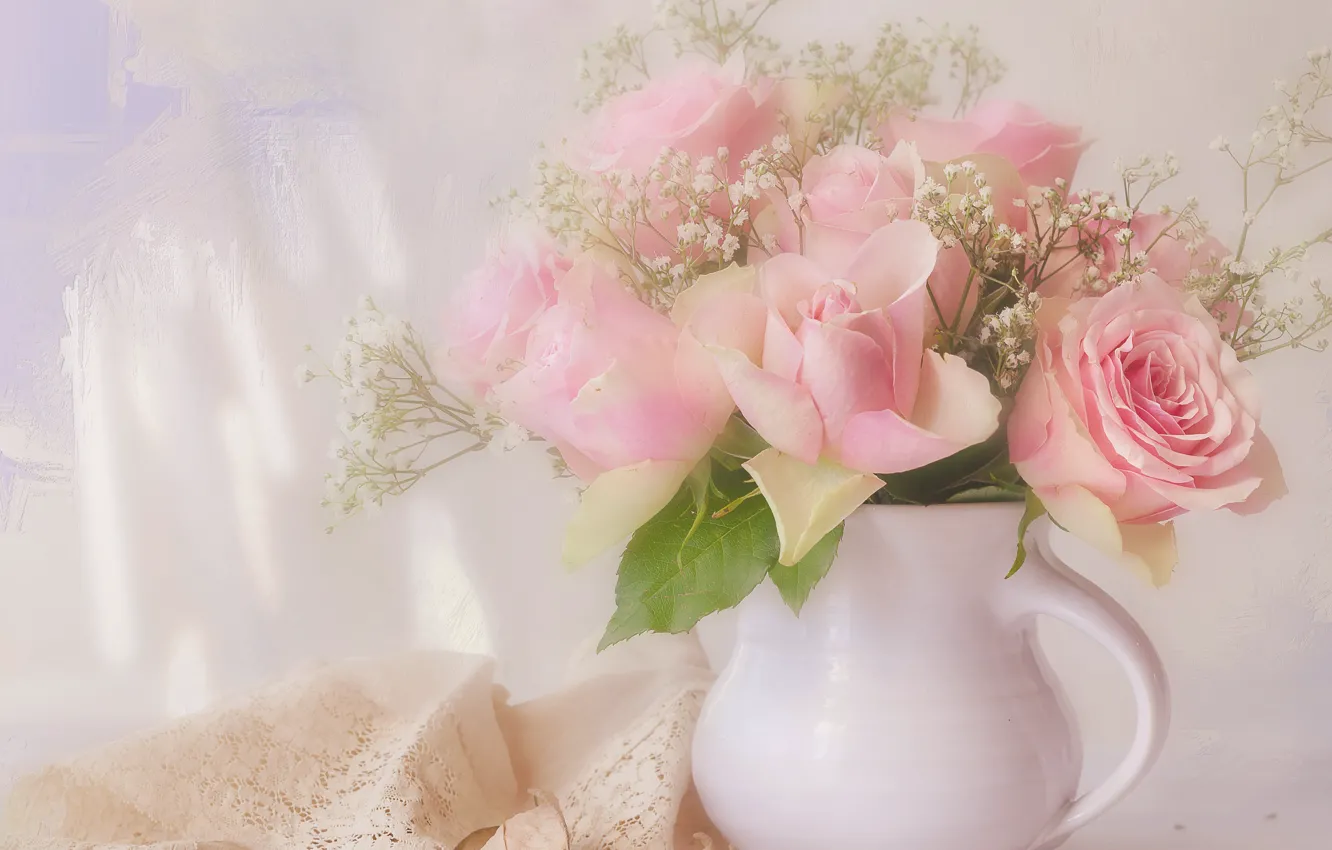 Wallpaper roses, bouquet, pink, lace, pitcher, light background for ...