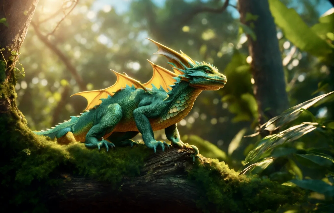 Wallpaper forest, leaves, light, green, tree, dragon, log, face for ...