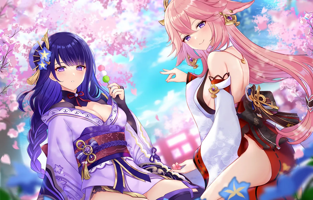 Wallpaper the sky, food, Sakura, kitsune, Genshin Impact, the girls are sitting, Raiden Shogun ...