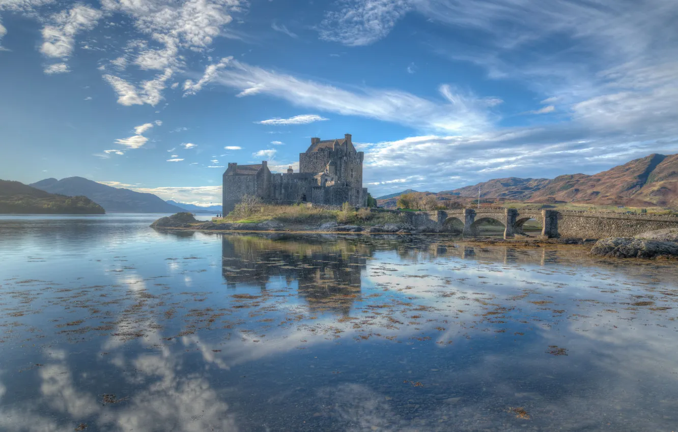 Wallpaper clouds, mountains, bridge, lake, reflection, castle, shore ...