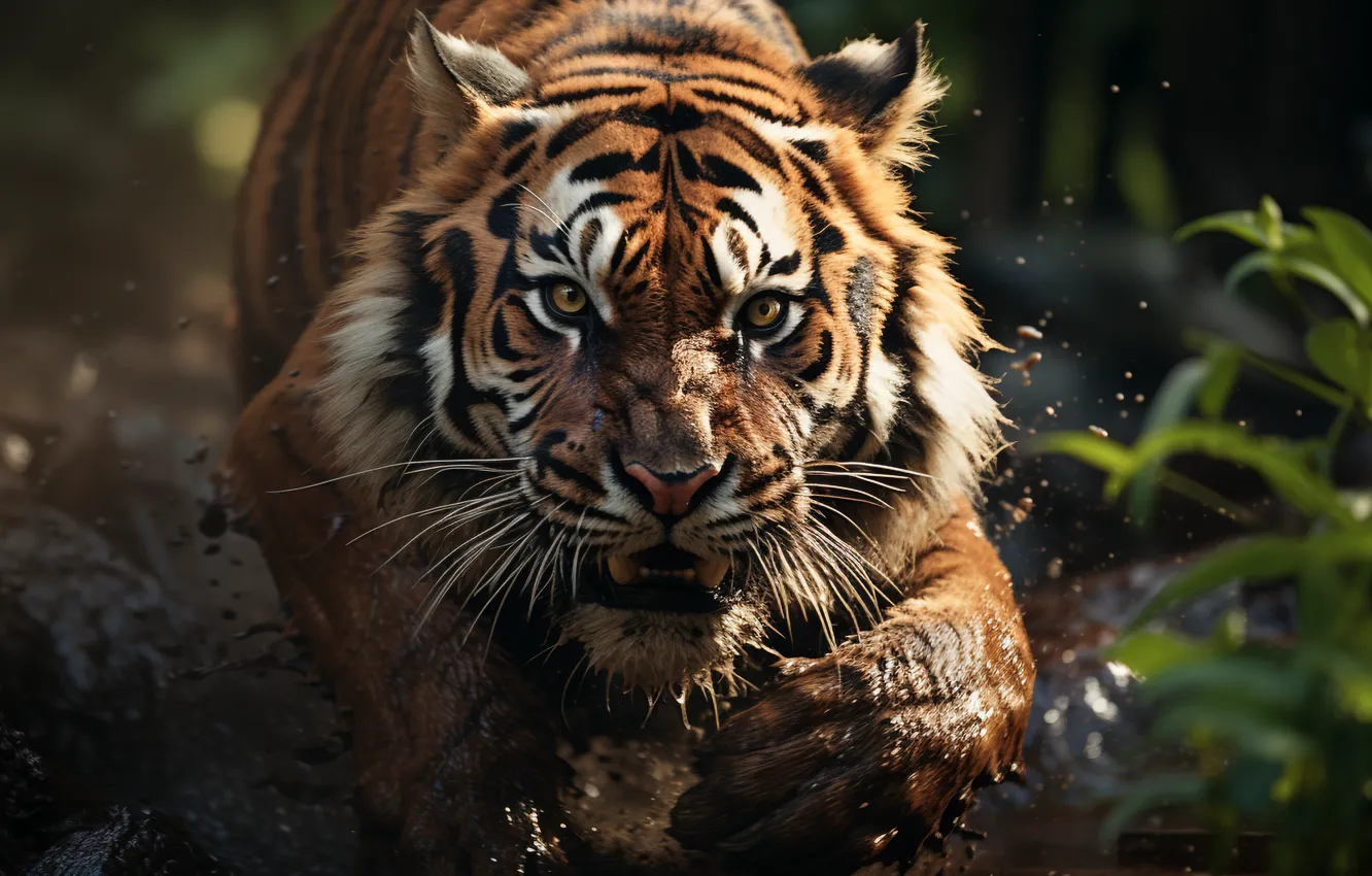 Wallpaper Water, Tiger, Evil, Fangs, Predator, Paw, Digital art, Big ...