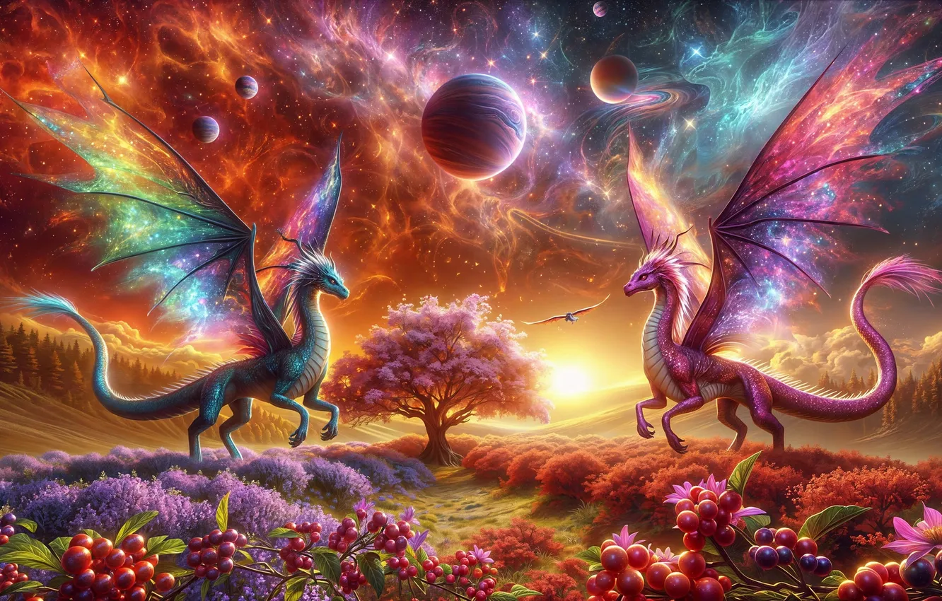 Wallpaper space, trees, berries, dragon, planet for mobile and desktop ...