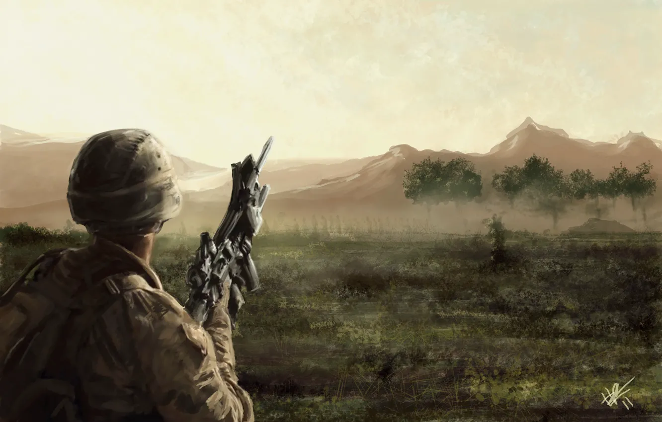 Wallpaper field, mountains, weapons, art, machine, Soldiers images for ...