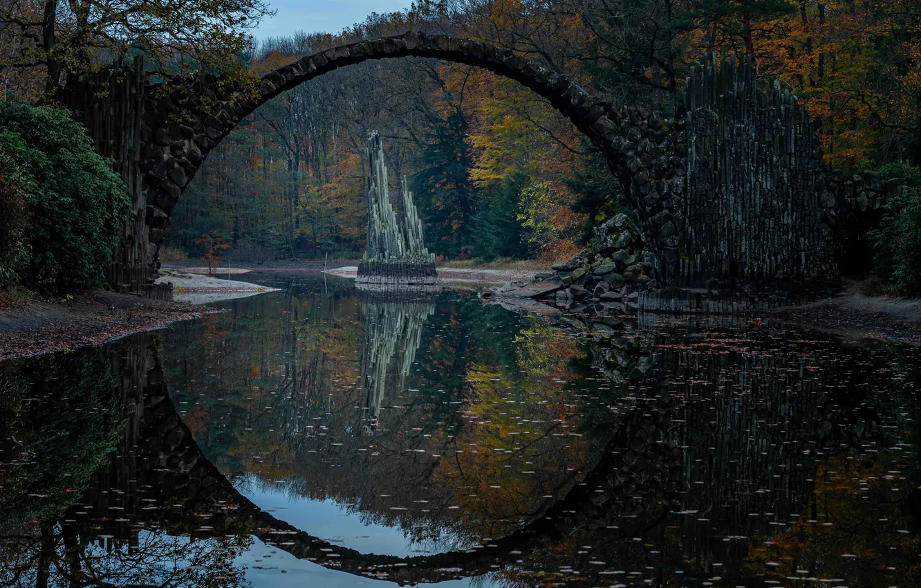 Wallpaper autumn, forest, leaves, trees, bridge, lake, reflection ...