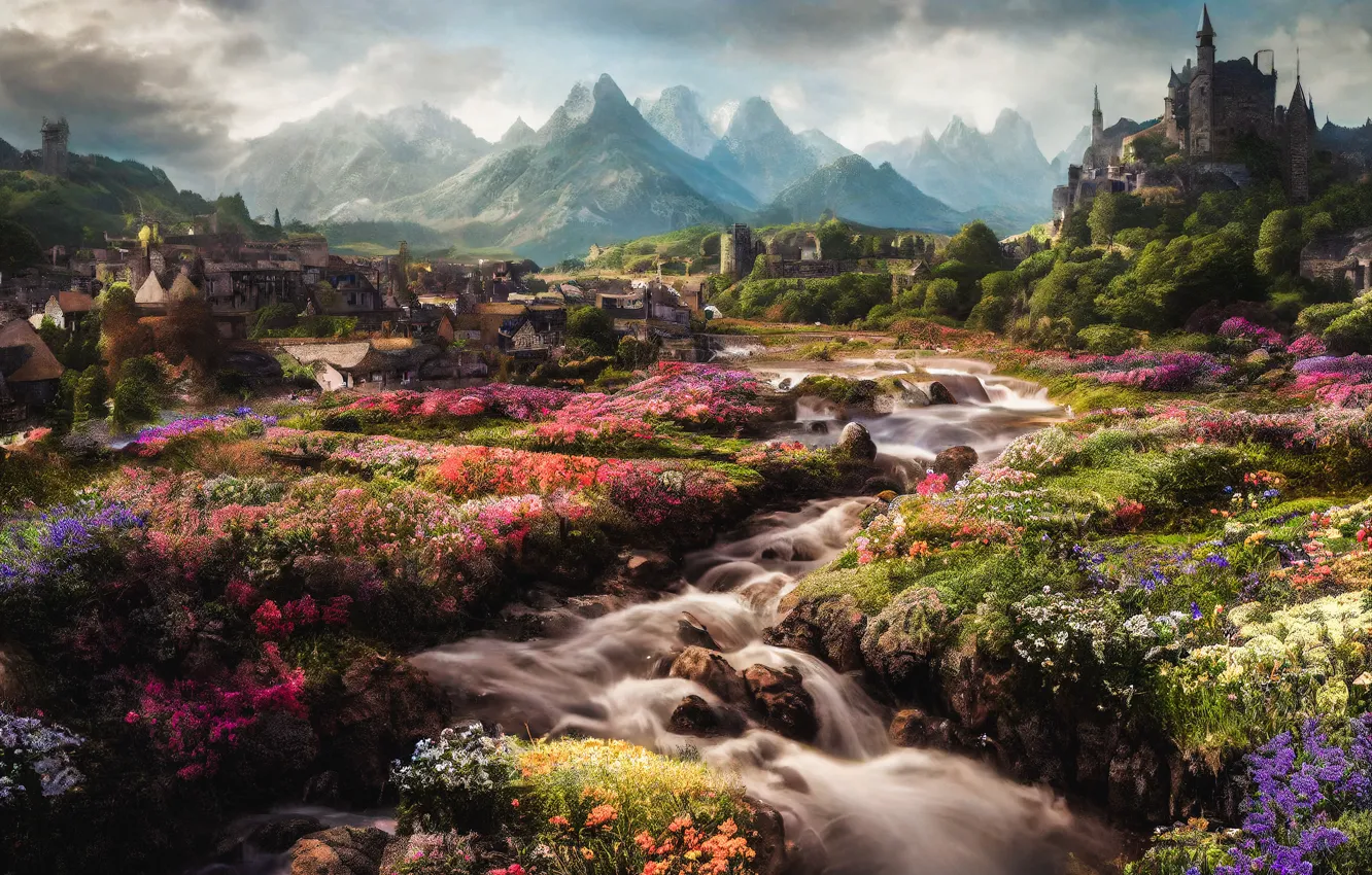 Wallpaper flowers, mountains, art, digital painting, shore, digital ...