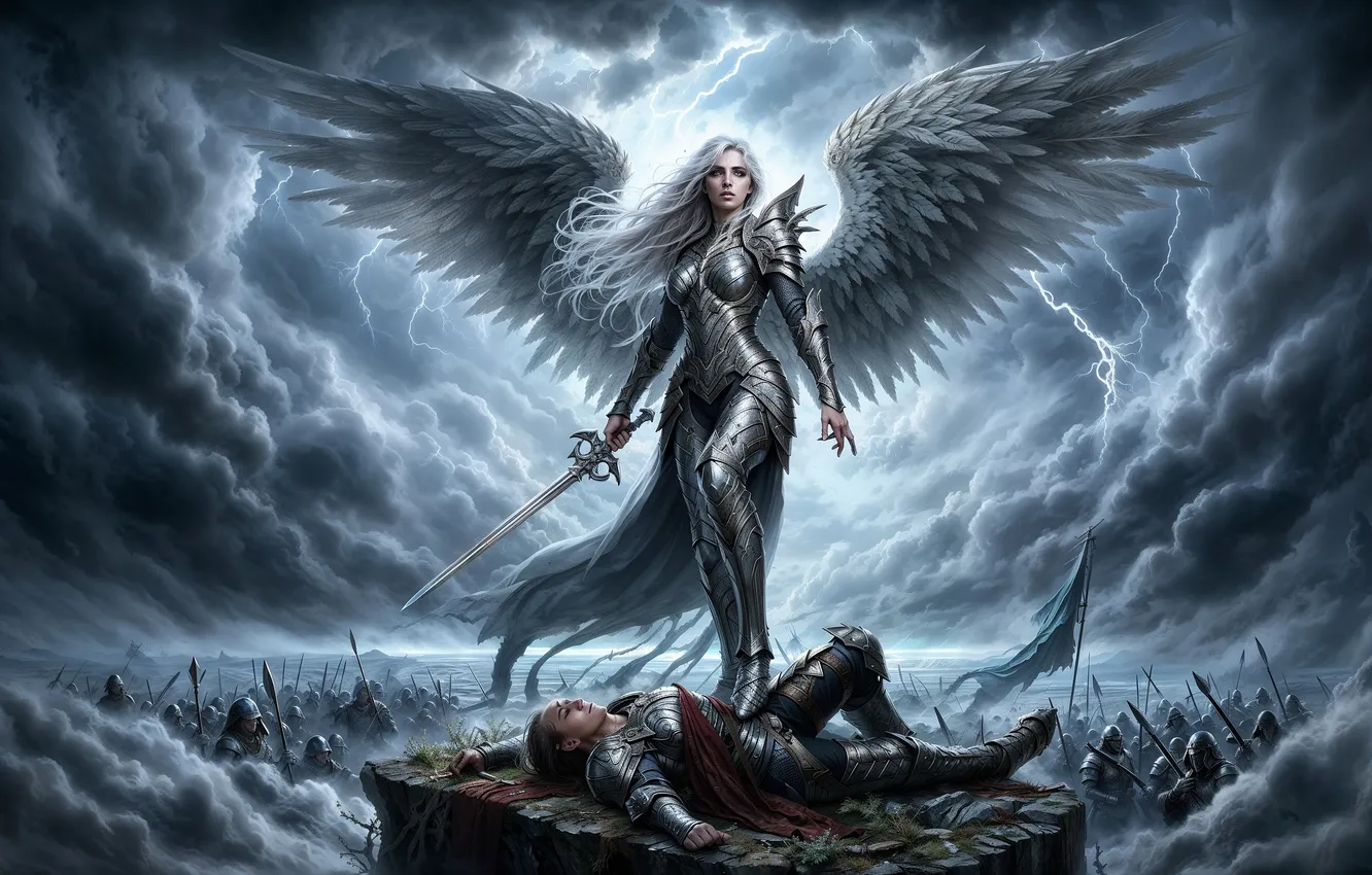 Wallpaper clouds, lightning, angel, sword, warrior, defeated for mobile ...
