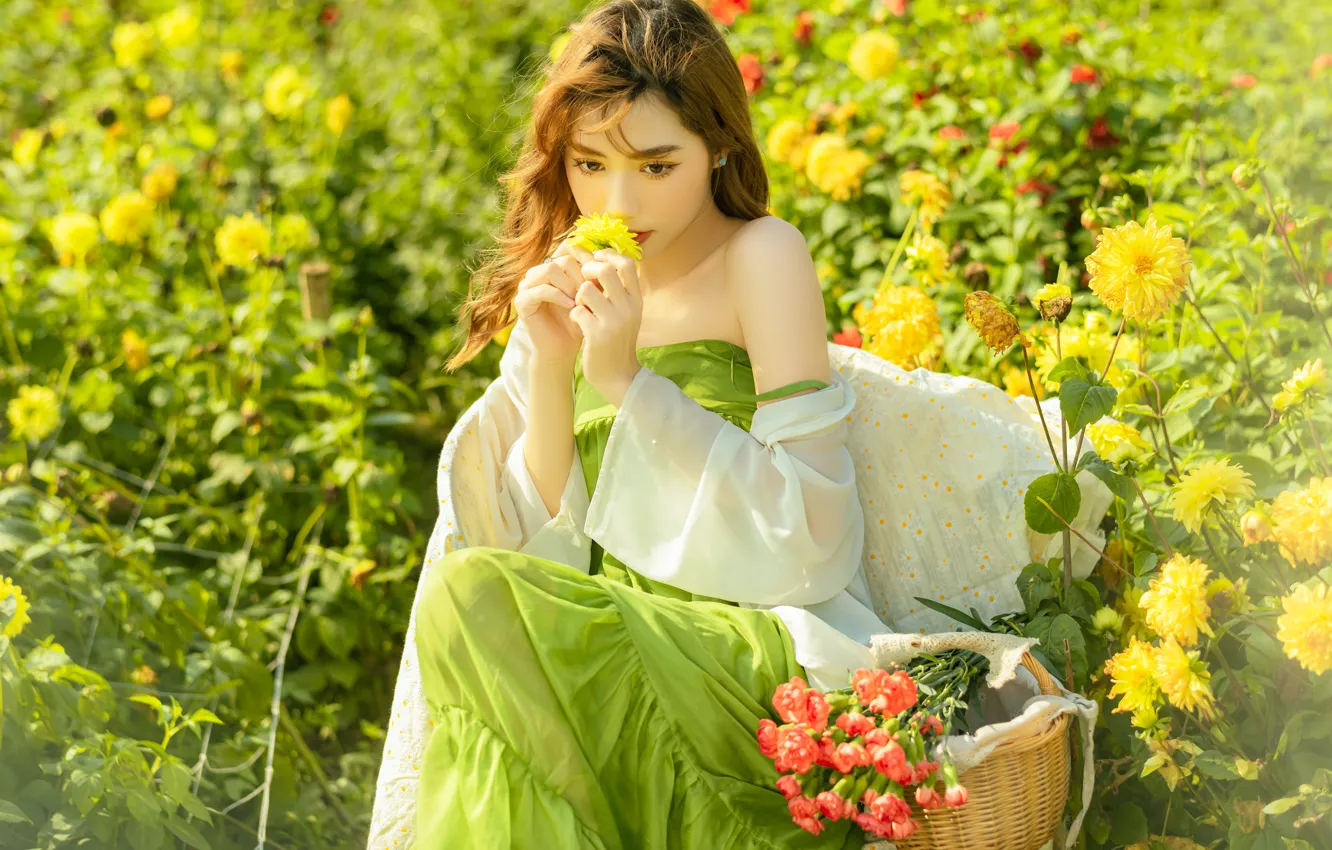 Wallpaper Girl Flowers Nature Face Pose Makeup Asian Sitting