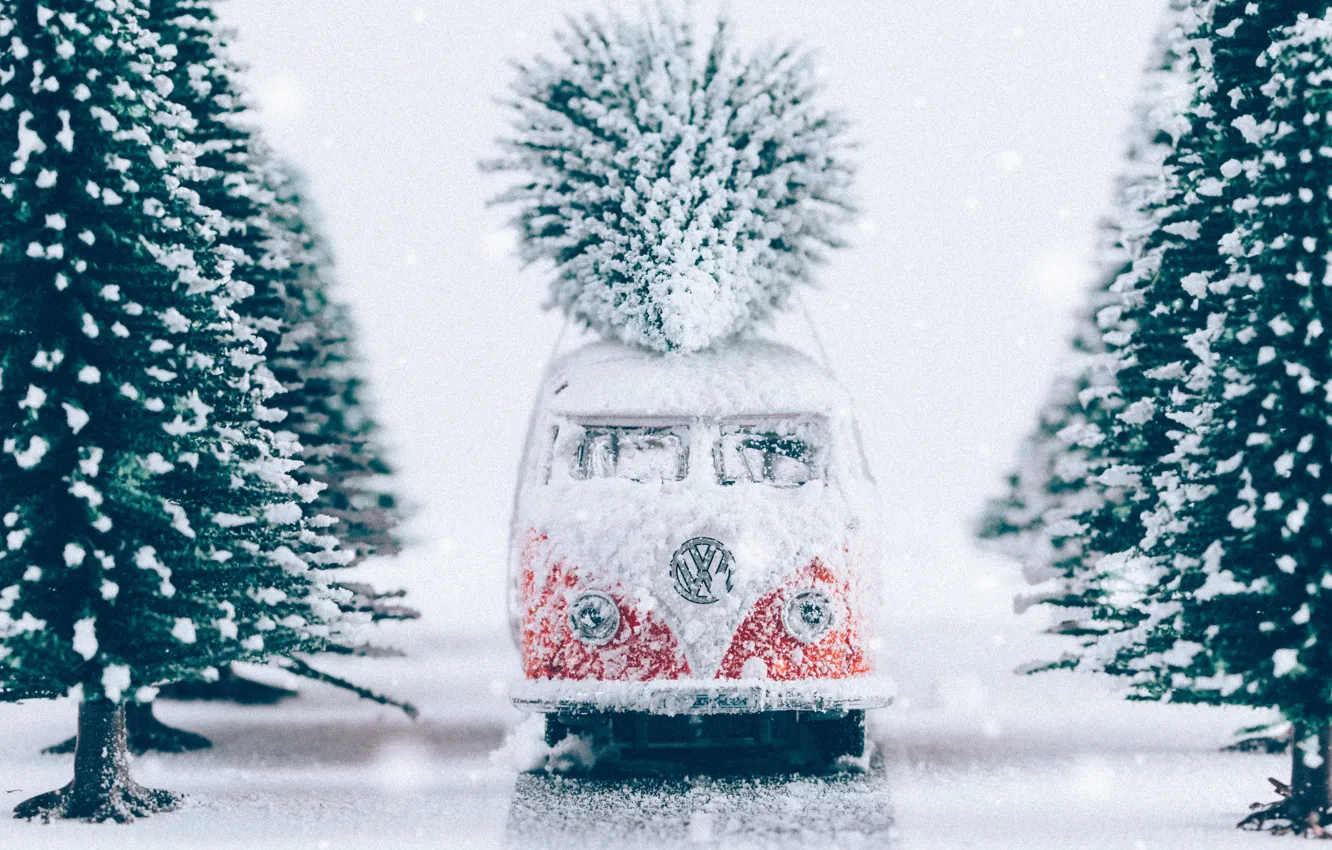 Wallpaper winter, frost, road, machine, forest, snow, toy, toys for ...