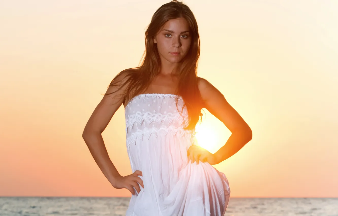Wallpaper sea, look, girl, the sun, sunset, model, dress, beautiful for ...
