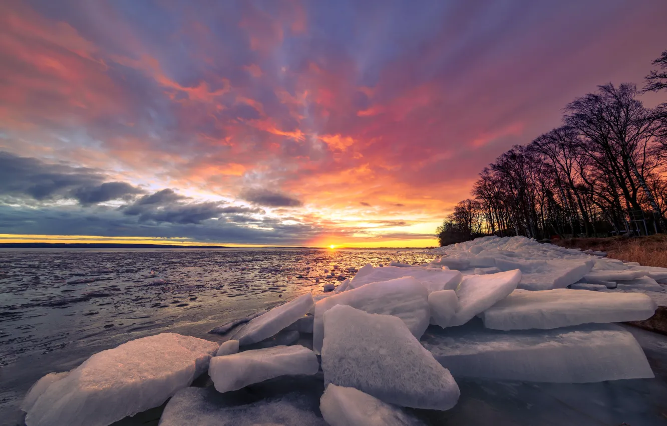 Wallpaper ice, sunset, shore for mobile and desktop, section пейзажи ...