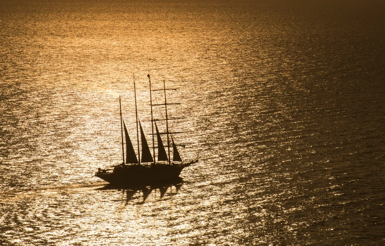 Wallpaper sea, reflection, ship, the evening, silhouette, sail, mast ...
