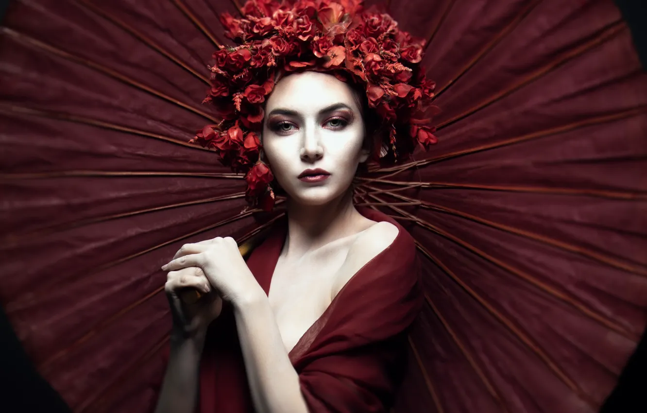 Wallpaper look, girl, flowers, red, face, portrait, umbrella, wreath ...