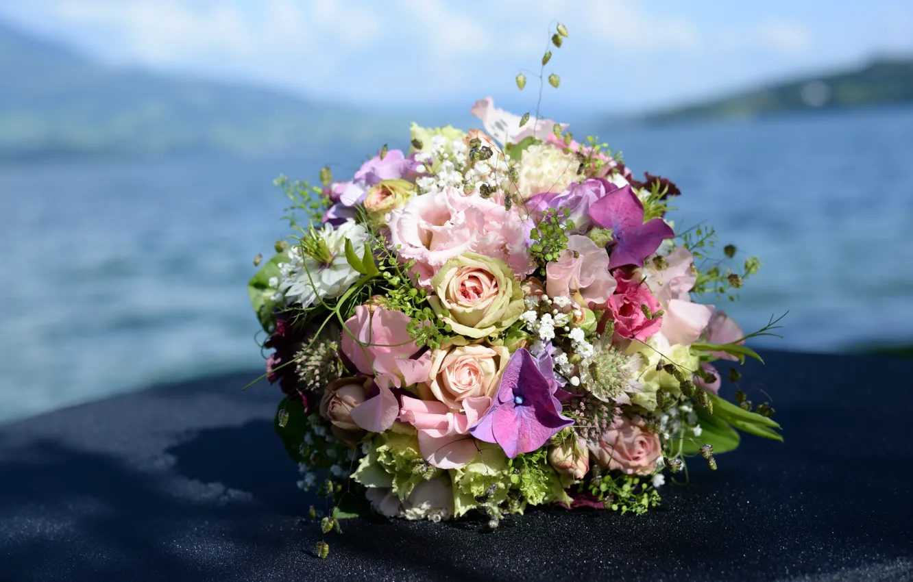 Wallpaper light, flowers, mountains, nature, shore, roses, bouquet ...