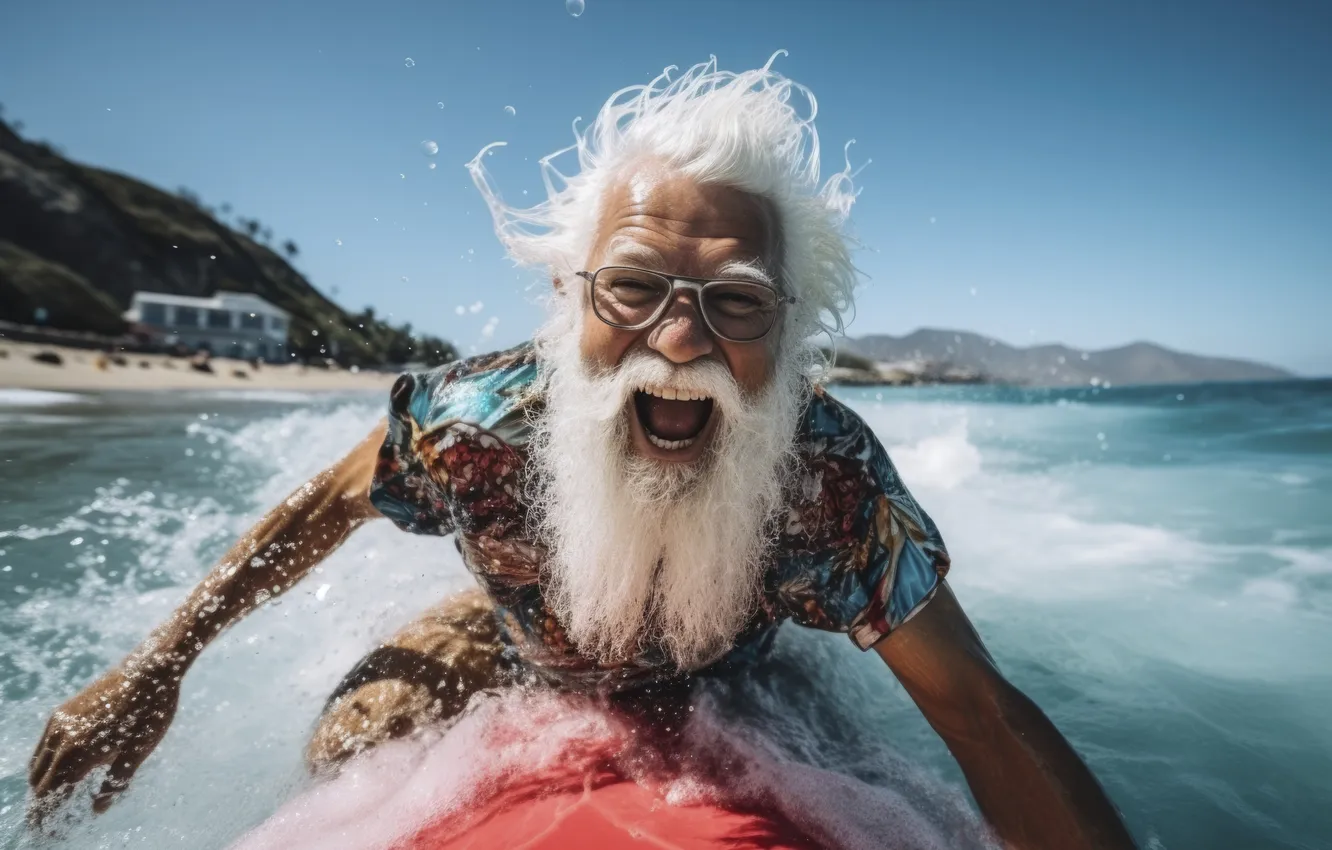 Wallpaper Sea, Glasses, Smile, Male, Surfing, Joy, Digital art, Grandpa for mobile and desktop ...