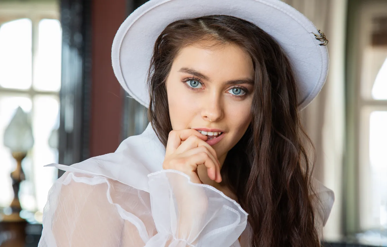 Wallpaper look, face, portrait, hat, brunette, blouse, blue eyes ...