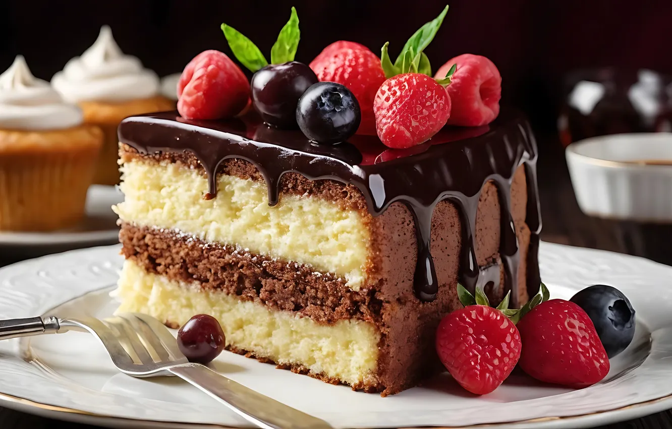 Wallpaper berries, cake, cake, cream, dessert, chocolate syrup, AI art ...