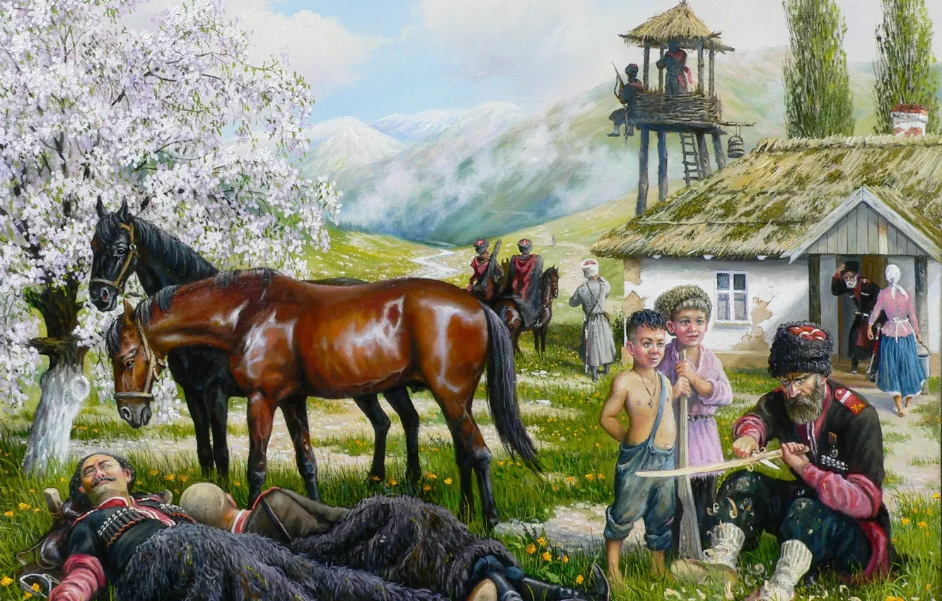 Wallpaper children, spring, art, Cossacks, Andrey Lyakh, the village ...