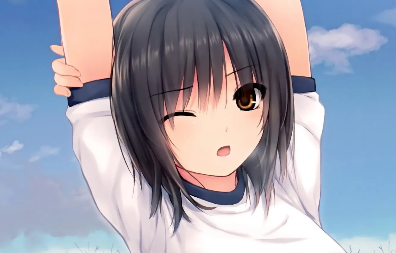 Wallpaper the sky, eyes, girl, face, t-shirt, brown eyes, Aoyama Sumika for mobile and desktop ...