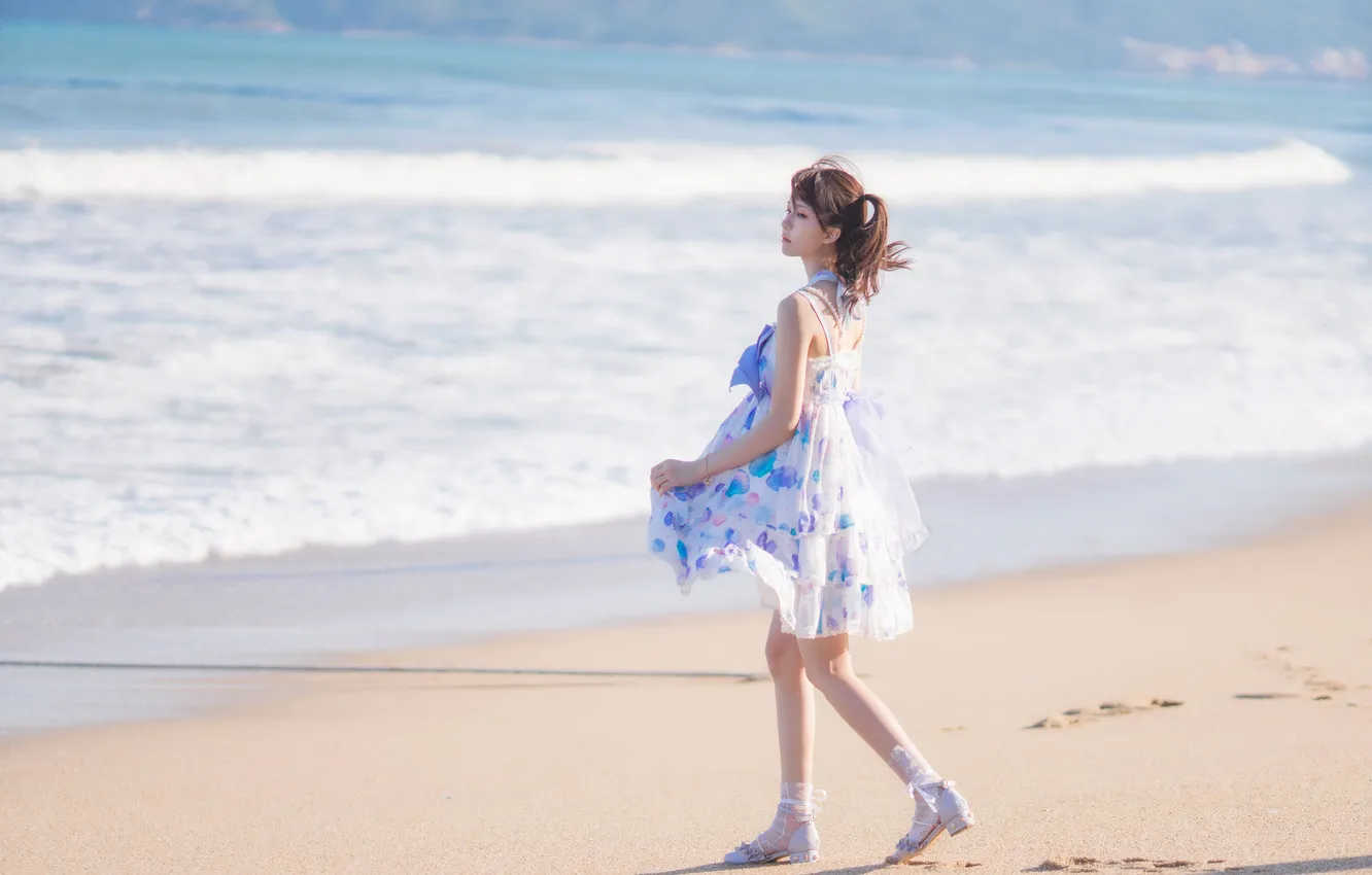Wallpaper Beautiful, Asian, Model, Coast, Beach, Water, Sand, Woman for ...