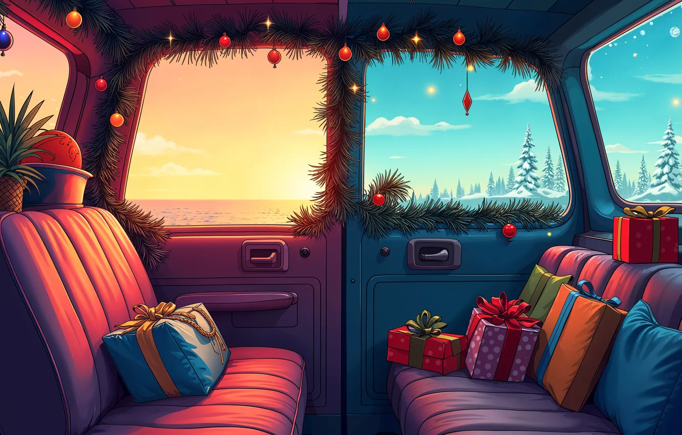 Wallpaper winter, machine, forest, balls, light, Windows, chairs ...