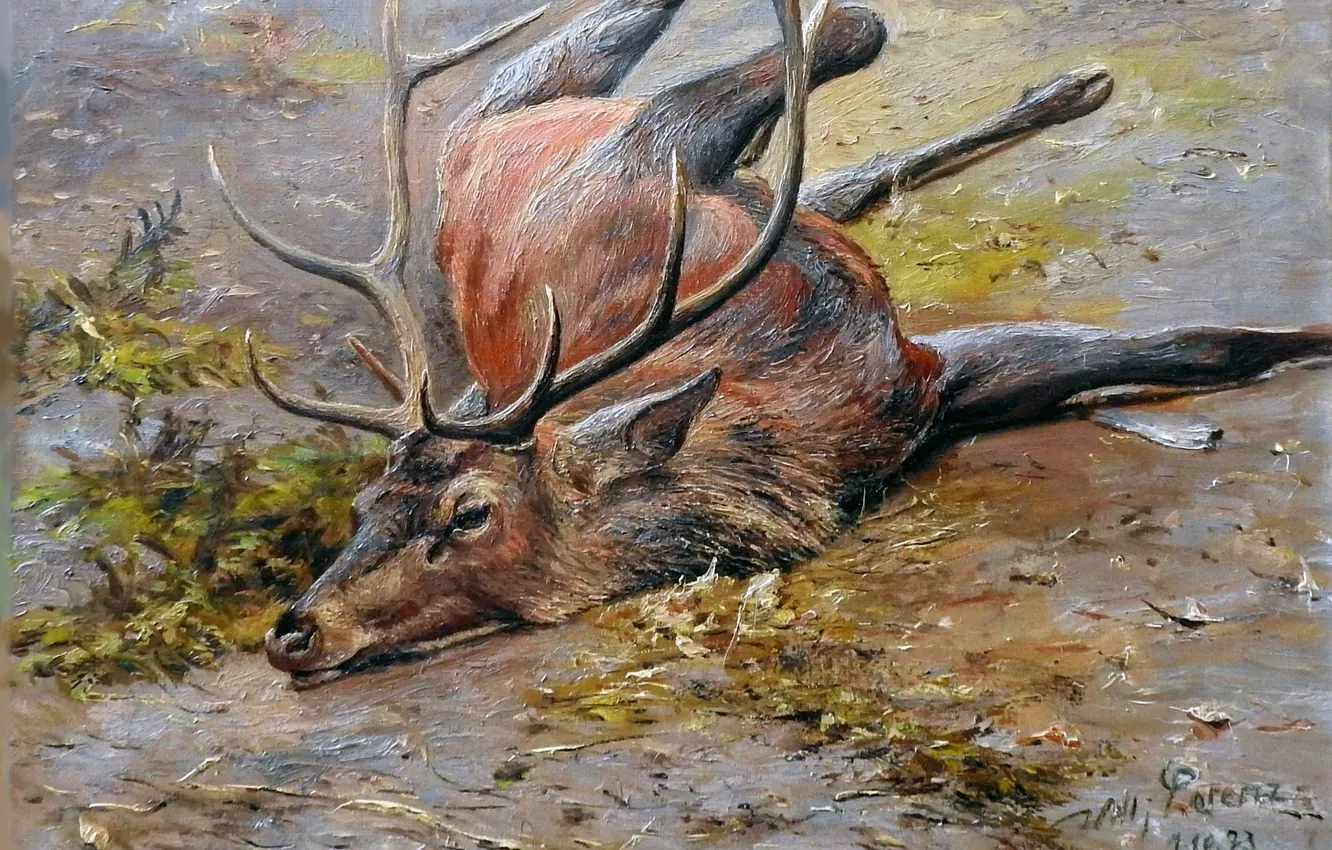 Wallpaper trees, picture, deer, horns, German artist, Wilhelm Lorenz ...