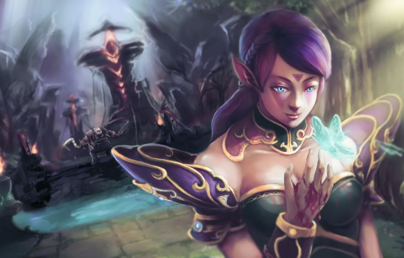 Wallpaper girl, river, butterfly, blood, tower, art, dota 2, pudge for mobile and desktop ...