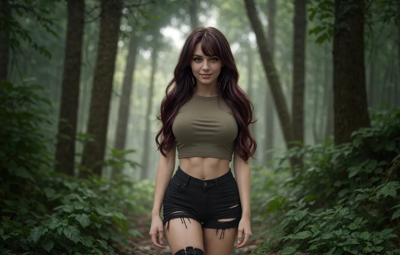 Wallpaper forest, long hair, women, brunette, wavy hair, depth of field, Stable Diffusion, AI ...