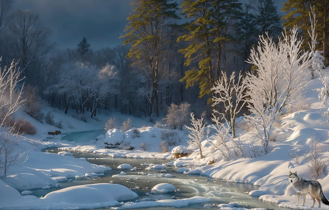 Wallpaper winter, frost, forest, light, snow, trees, branches, stream ...